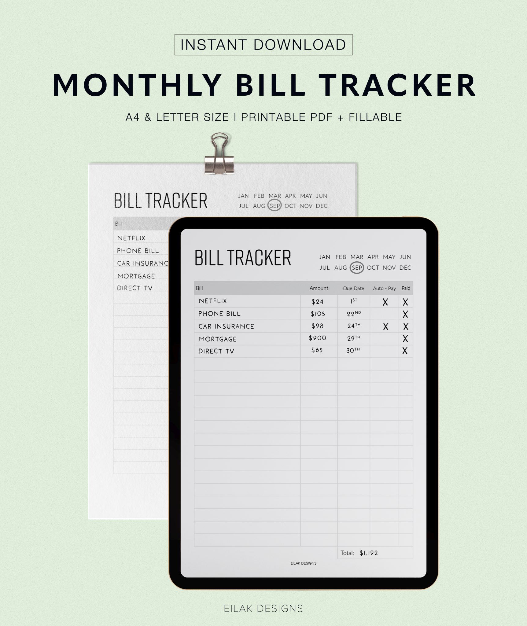 Monthly Bill Tracker | Finance Template | Digital Download